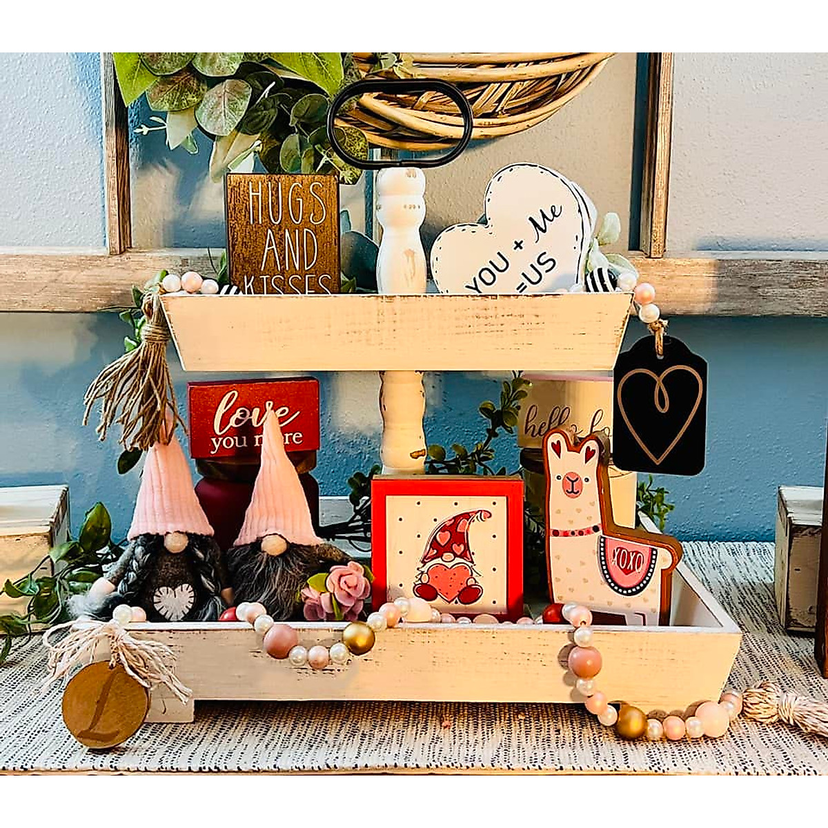 2 Tiered Tray, 2 Tier Wood Tiered Tray, 2 Tiered Tray Farmhouse,White Tiered Tray for Rustic Home Sweet Home Kitchen Decor for Valentine's Day Halloween Christmas Easter