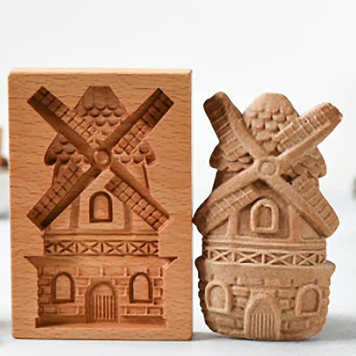 Carved Wooden Cookie Mold Kitchen Cookie Cutter Gingerbread Cookie Stamp Biscuit Press Stamp Molds Pine Cones Provence Rose Cookie Cutter for Cookie Stamp (Windmills)