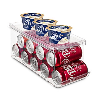 Set of 2 Stackable Refrigerator Organizer Bins Pop Soda Can Dispenser Beverage Holder for Fridge, Freezer, Kitchen, Countertops, Cabinets - Clear Plastic Canned Food Pantry Storage Rack Holds 9 Cans