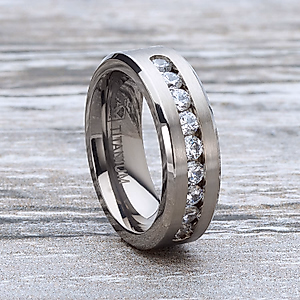 Metal Masters 8 MM Men's Titanium Ring Wedding Band with 9 Large Channel Set Cubic Zirconia CZ Size 12