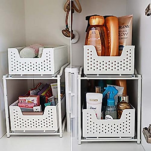 2 Pack Stackable 2-Tier Metal Under Sink Cabinet Organizer with Sliding Storage Drawers with Hooks and LED Strip Lights,White