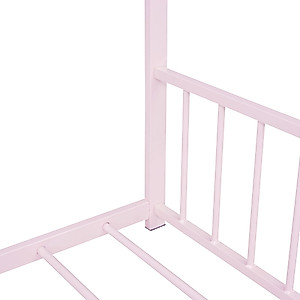 Favfurish Metal Full Size House Bed with Roof and Slats Support,Playhouse Design Montessori Floor Bed Frame W/Headboard & Footboard,No Box Spring Needed,for Kids Girls Boys,Pink