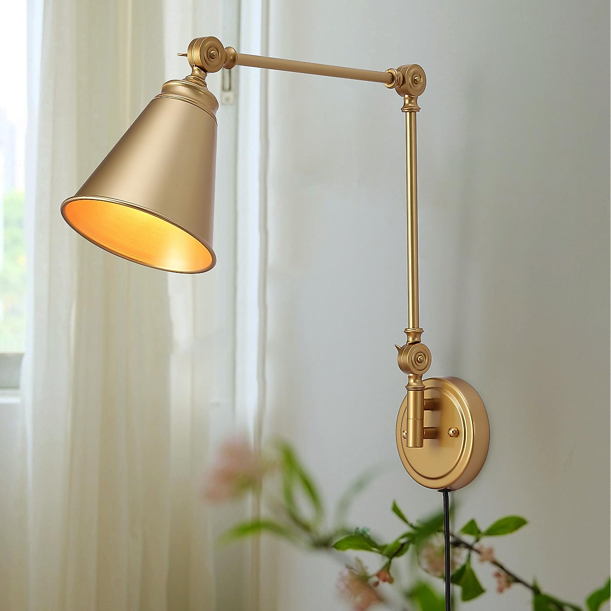SUNLLOK Modern Gold Plug in Wall Sconce with Switch - Industrial Adjustable Swing Arm Hanging Wall Light Fixture - Indoor Metal Rustic Reading Wall Mounted Lamp Decoration for Living Room Kids Bedroom