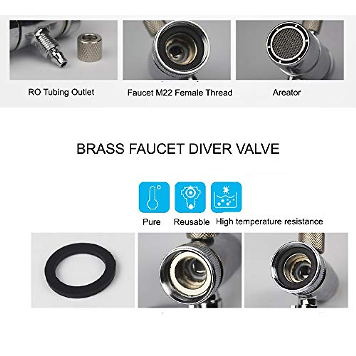 PureSec 2 Way Kitchen Faucet Diverter Valve/Splitter with Female M22(≈22mm) Thread and 1/4 OD RO Tubing outlet for Counter water Filter