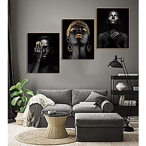 African American Wall Art Painting Black Woman Fashion Pop Gold Earrings Black Set of 3 (8”X10” Canvas Picture) Queen Portrait of Black Woman Room Poster Art Painting Bedroom for Home Decor Gift
