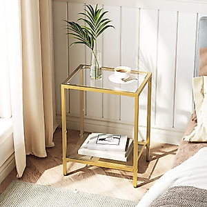 MAHANCRIS End Tables Set of 2, Side Table with Tempered Glass Top, Narrow Beside Table for Small Space, 2-Tier Nightstand with Storage Shelf, for Sofa Couch and Bed, Easy Assembly, Gold ETJ24B01S2Z1