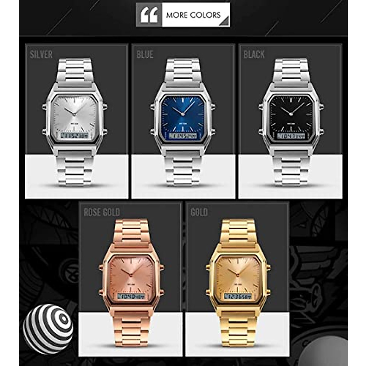 Gosasa Men's Unisex Square Multifunction Stopwatch Waterproof LED Digital Watch Electronic Analog Men's Watch Ladies Stainless Steel Watch (Silver)…