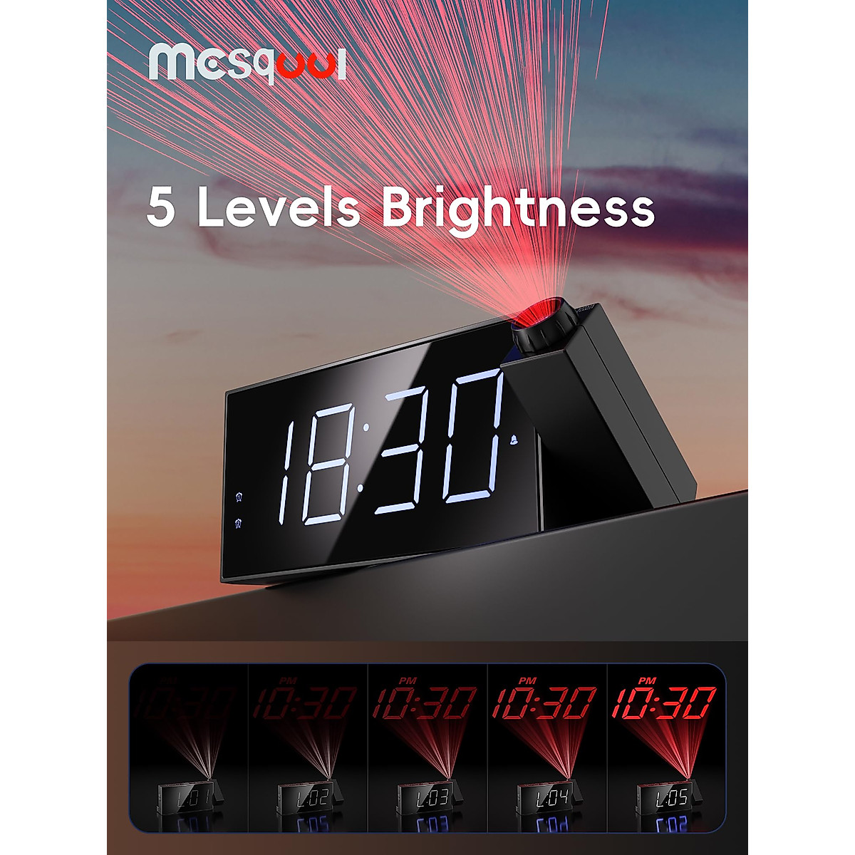 Projection Digital Alarm Clock with Bed Shaker for Bedroom, Extra Loud Alarm Clock for Heavy Sleeper, 180° Rotable Ceiling Projector Clock,2 Alarm,5 Dimmer Volume,USB Charger, Battery Backup,12/24H…