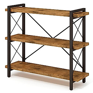 HCHQHS Bookshelf, 3-Tier Industrial Bookcase, Rustic Open Book Shelf, Wood and Metal Horizontal Bookshelves