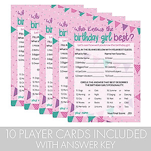 DISTINCTIVS Who Knows The Birthday Girl Best Party Game - 10 Game Cards - Girly Pink and Purple Tween Birthday Party Supplies