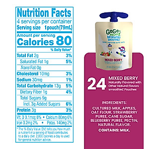 GoGo squeeZ Morning smoothieZ, Mixed Berry, 3 oz (Pack of 24), Gluten Free Yogurt, Fruit and Oat Smoothie Snacks for Kids, No Preservatives, No Fridge Needed, BPA Free Squeeze Pouches