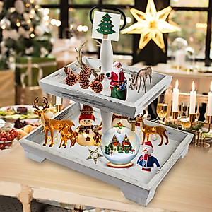 CRAZYMOTO Wood 2-Tier Rustic Tray, Farmhouse Tiered Tray Stand, Rectangular Tray for Cakes, Desserts, Fruits, Snack, Candy, 16x12x17 inches, 4 lbs, White