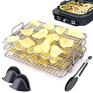 Air Fryer Rack for Ninja Foodi Grill XL FG551/IG601/IG651, Multi-Layer Dehydrator Rack Air Fryer Accessories (Included Heat and Slip Resistant Silicone Mini Potholders Mitts and Kitchen Tongs)