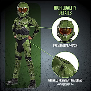 Halo Infinite Master Chief Costume, Kids Size Video Game Inspired Character Jumpsuit, Classic Child Size Large (10-12), Green & Black