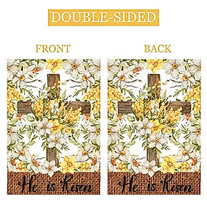 Linen He Is Risen Spring Easter Garden Flag Double Sided Welcome Farmhouse Yard Outdoor Decoration Cross Daffodil Flower Garden Flag Yard 12.5" X 18"