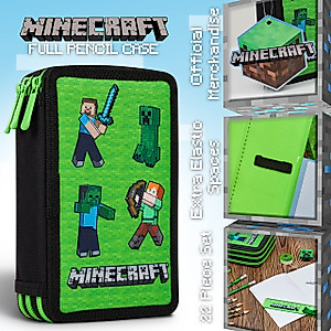 Minecraft Children's Pencil Case with Multiple Compartments, Stationery Included – School Supply (Green Mob)