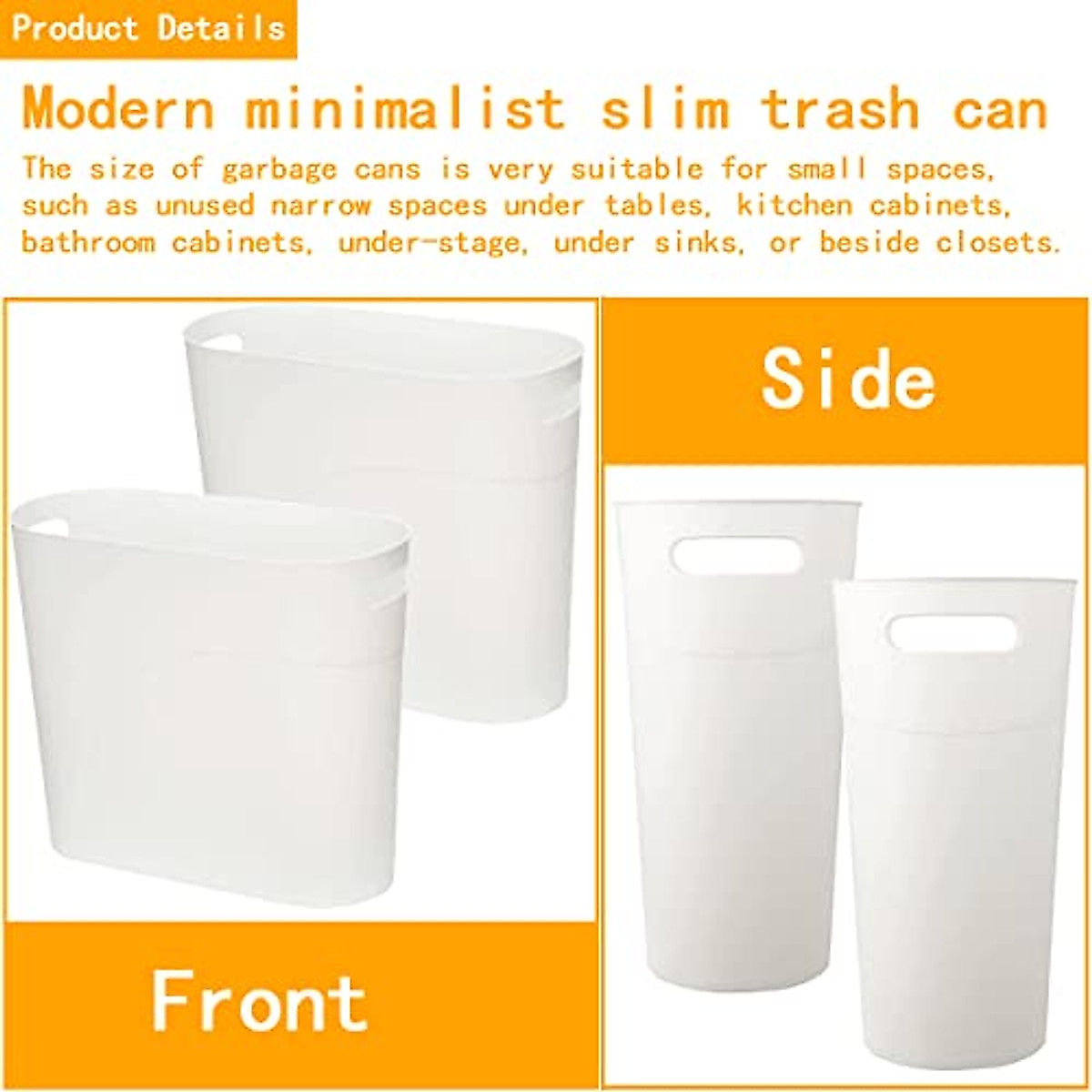 HZSOOCH 3 Pack Slim Waste Basket 3.2 Gallon 12L Plastic Small Trash Can, Office Trash Can, Slim Garbage Container Bin, Small Wastebasket with Handles for Narrow Spaces Bathroom, Kitchen (White)