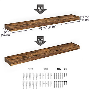 Ballucci Floating Shelves, 36" Wood Wall Shelf Set of 2, with Invisible Brackets for Bathroom, Living Room, Bedroom, Kitchen, Nursery, 6" Deep, Rustic Brown