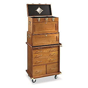 CASTLECREEK 4-Drawer Collector's Chest, Wooden Desk Storage Box Organizer Lockable Compartments, Oak