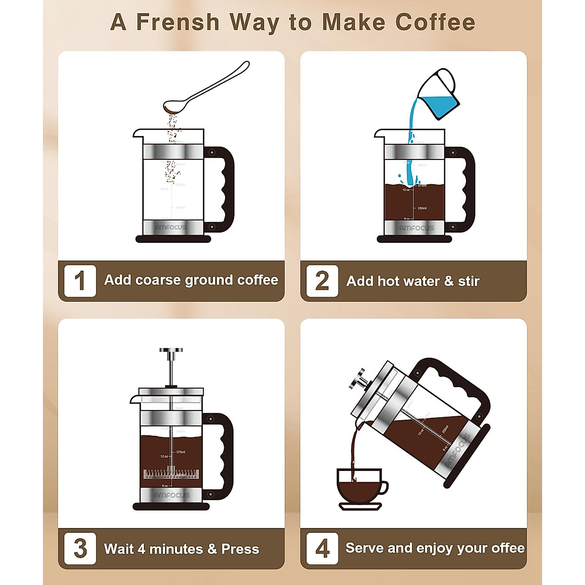 French Press Coffee Maker - 21OZ Classic Glass Coffee Press, Heat-resistant Borosilicate Glass Coffee Pot with 4-Level Disassemble Filters, Portable Cold Brew Coffee Maker for Travel Home Gift(Sliver)