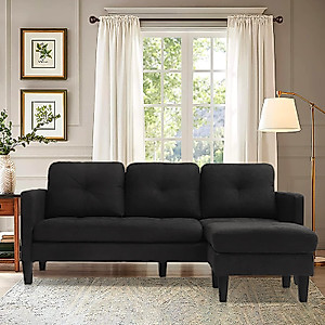 Grepatio Convertible Sectional Sofa Couch, L-Shaped Couch with Modern Linen Fabric for Small Space (Black)