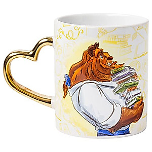 Silver Buffalo Disney Princess Beauty and the Beast Don't Mind the Books Gold Heart Shaped Handle 2 Pack Ceramic Mug Set, 14 Ounces