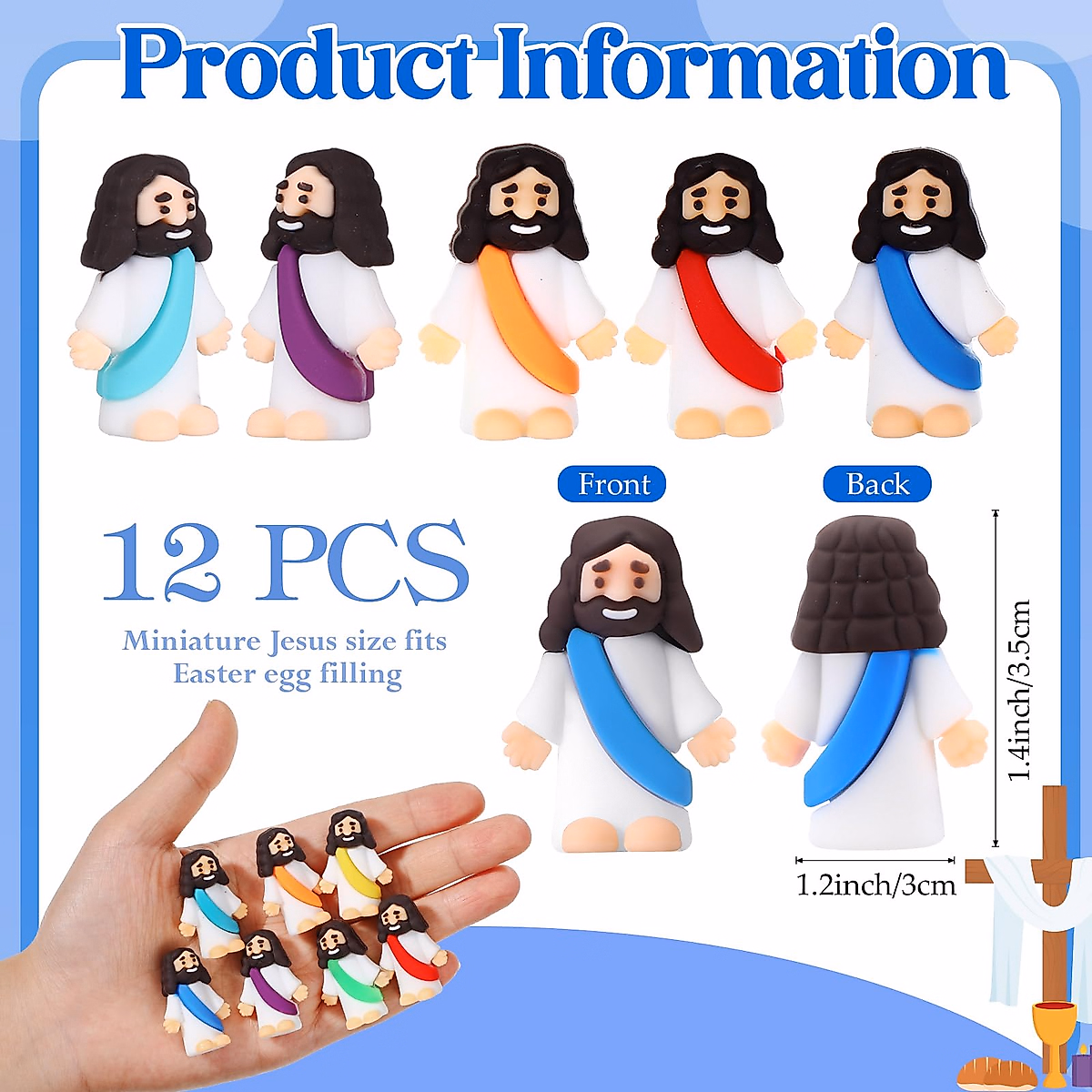 Bememo 12 Pcs Mini Jesus Figures Easter Original Little Jesus Figures Rubber Pocket Toys to Hide and Seek Religious Party Favors Sunday School Baptism Gifts(Rainbow Colors)