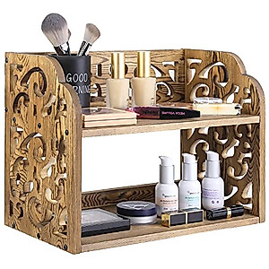 MyGift 2 Tier Dark Brown Solid Wood Desktop Storage Display Shelf with Scrollwork Cutout Design, Study Desk Bookcase for Dorm Room, Office and Home Decor
