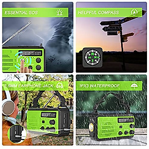 【2023 Newest】8000mAh Emergency Hand Crank Radio,AMFM NOAA Weather Alert Radio,Survival Solar Powered Radio with Super Bright Flashlight,Phone Charger,SOS Alarm,Compass for Hurricane,Outdoor Emergency