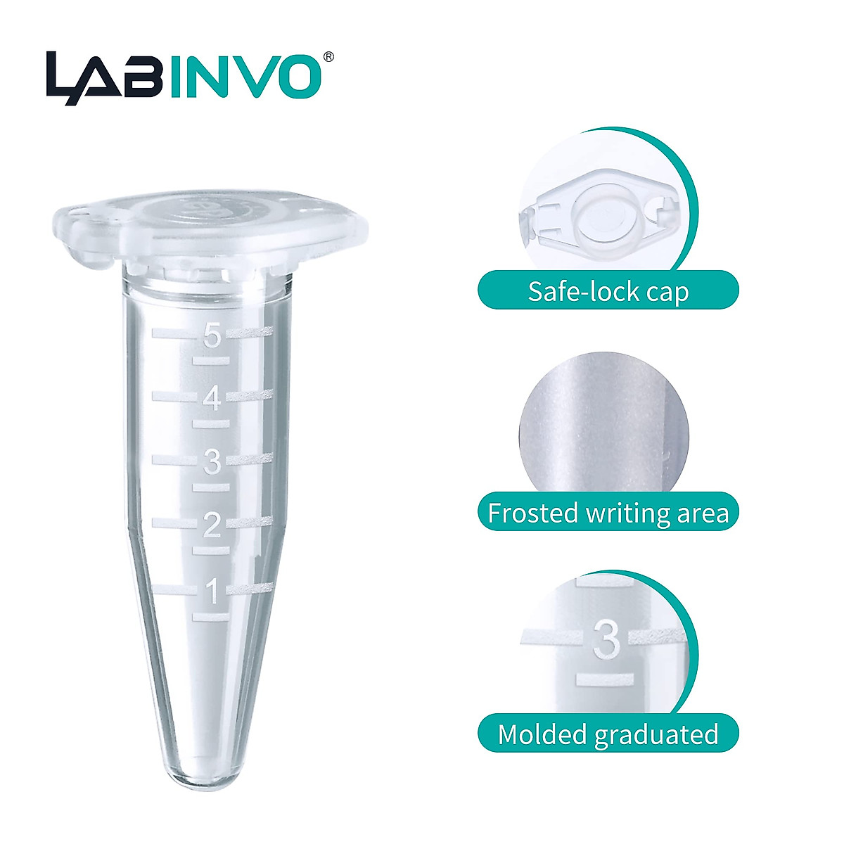 LABINVO 5ml Sterile Microcentrifuge Tubes with Safe-Lock Cap, Pack of 200, Max.RCF25000×G Conical Bottom Centrifuge Tubes, PP Material, Molded Graduation 10.5x51mm, IN-MT50A