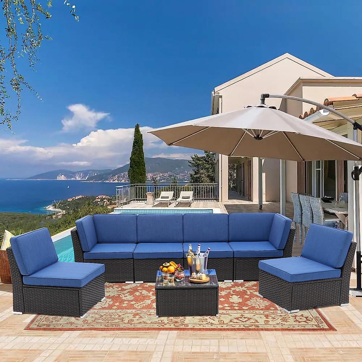 TiuBroe 7 Pieces Patio Furniture Sets, Outdoor PE Rattan Sectional Sofa Conversation Set, All Weather Conversation Set w/6 Seat Cushions and 1 Coffee Table (Dark Blue)