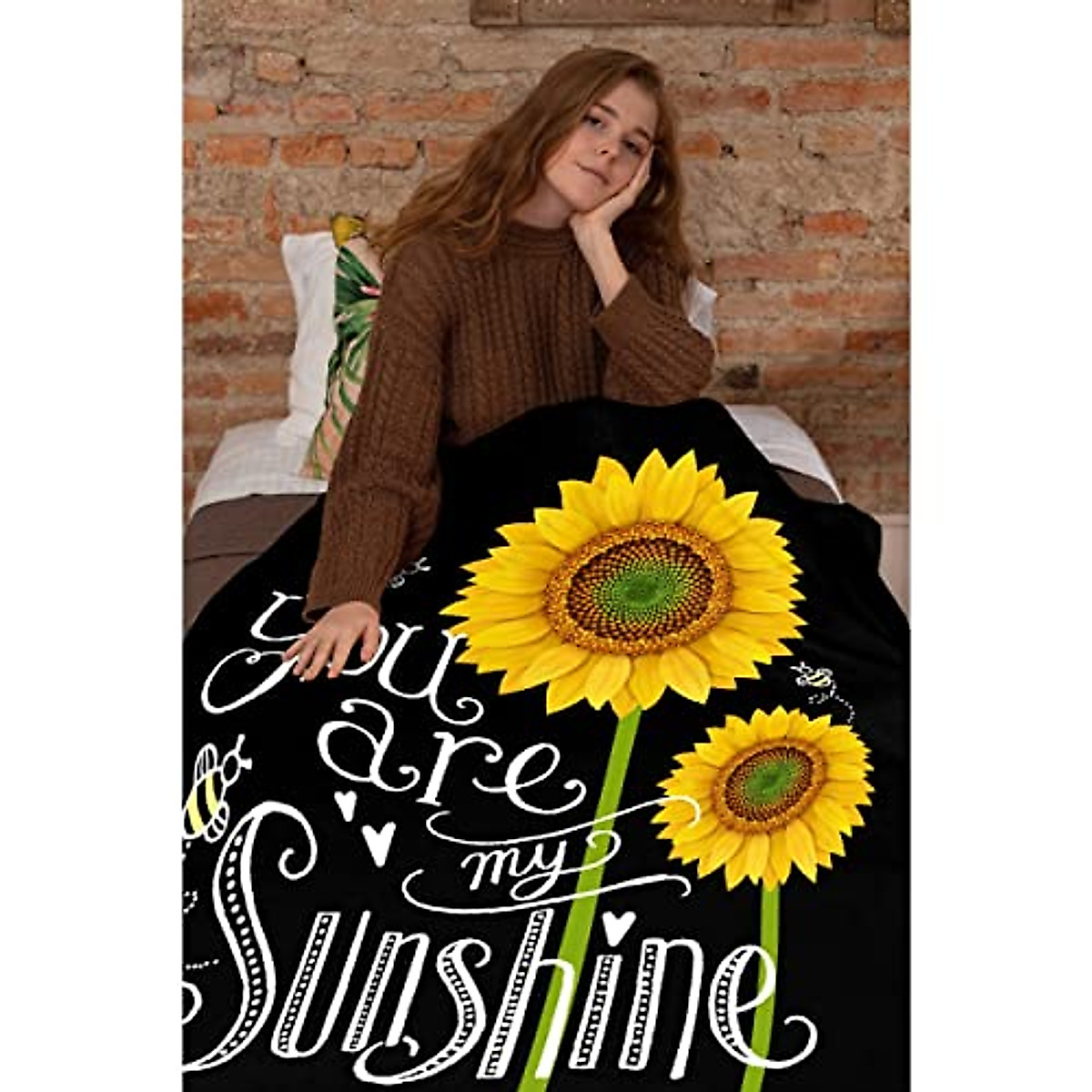 Sunflower You Are My Sunshine Blanket Lightweight Flannel Fleece Healing Inspirational Message Throw Blankets Cozy Plush Microfiber All-Season Blanket for Bed/Couch/Sofa -Twin 80x60 Inch L