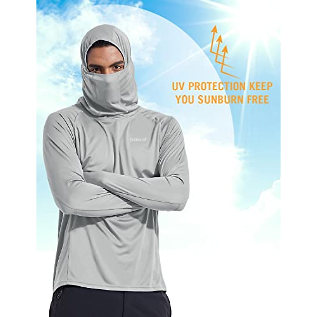 BALEAF Mens Sun Protection Hoodie Shirt, UPF 50+ UV SPF T-Shirts with Mask Rash Guard Fishing Lightweight, 01-Gray, Large, Long Sleeve