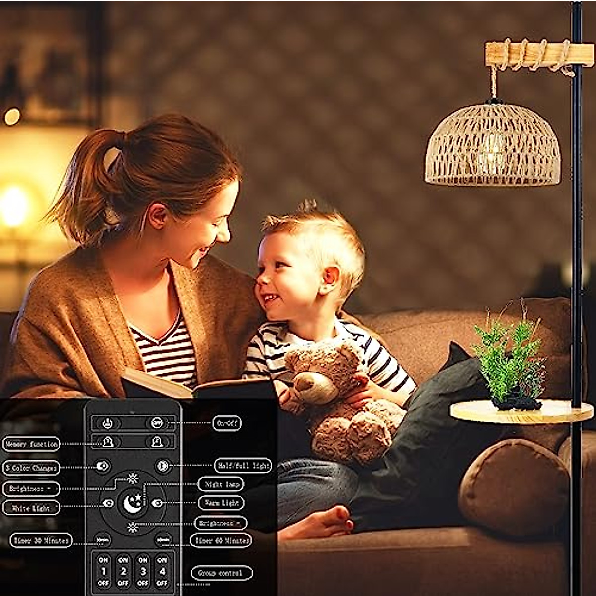 QIYIZM Floor Lamp with Table and Shelves for Living Room Bedroom Rattan Shelf Floor Lamps with Remote Boho Dimmable Standing Lamp Wicker Bamboo Wood Farmhouse Black Tall Lamp Rustic Floor Light