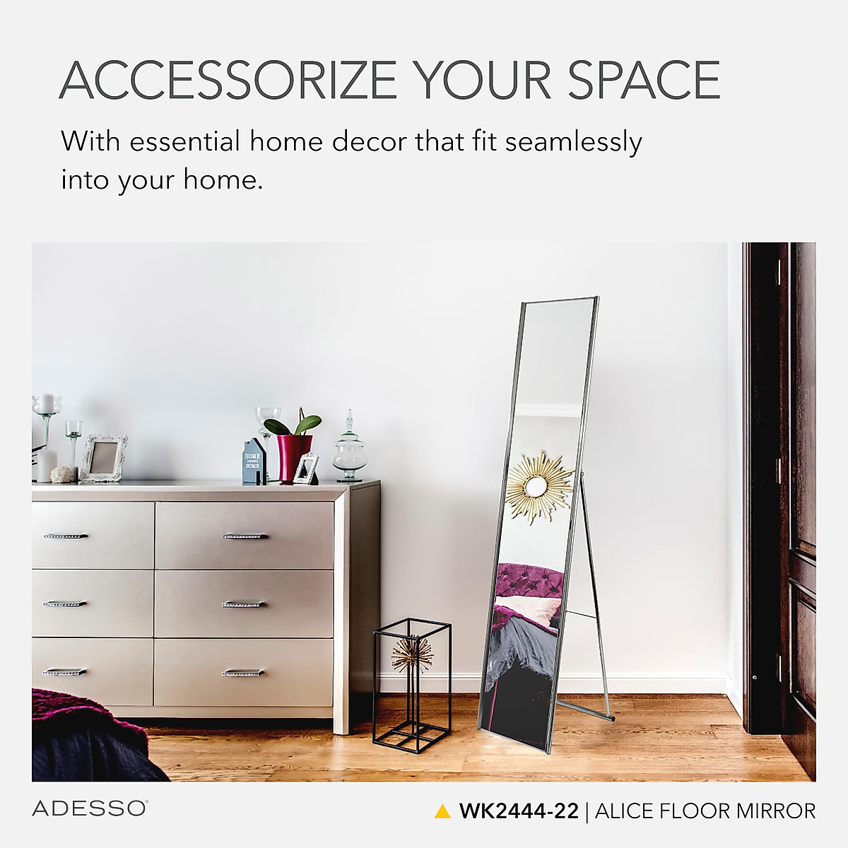 Adesso Alice Simple, Modern Full Length Mirror with Satin Steel Folding Frame