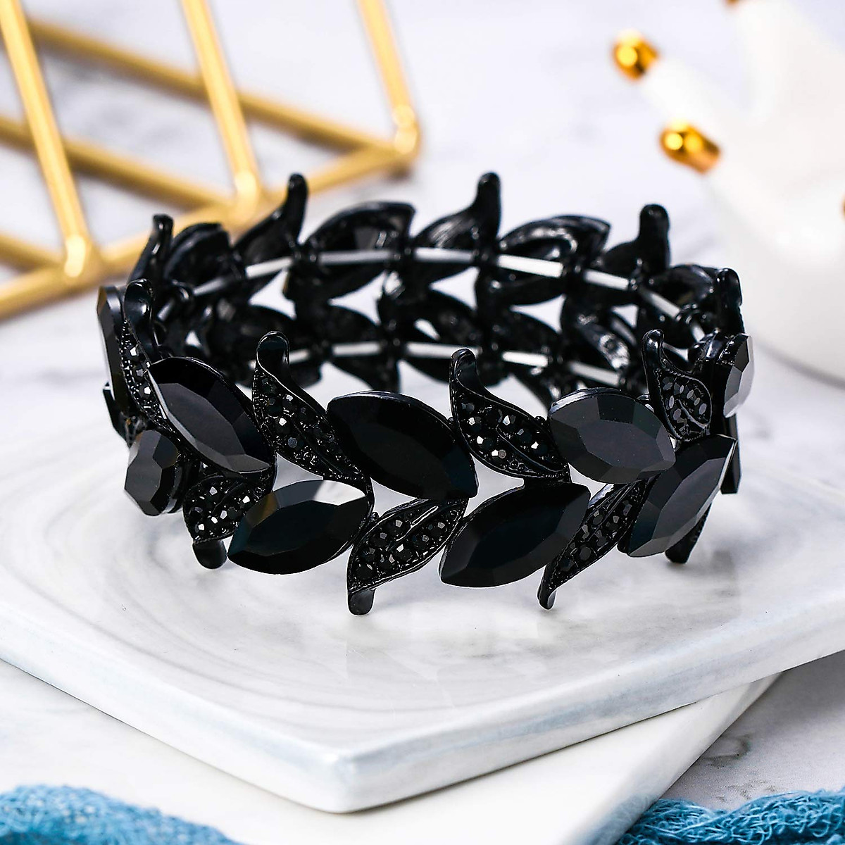 BriLove Wedding Bridal Bracelet for Women Marquise-Shape Leaf Stretch Bangle Bracelet Black Black-Tone