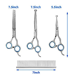 TOPGOOSE Dog Grooming Scissors Set, Safety Round Tip Grooming Tools 6 Pieces Kit for Pet Dogs Cats Full Body - Professional Curved, Thinning, Straight Scissors, Comb, Nail Clipper and Nail File