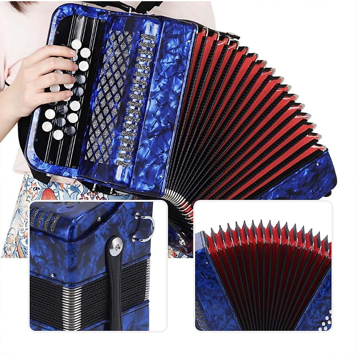 22 Key Diatonic Accordion 8 Bass Professional Button Accordion Instrument for Beginner with Storage Bag(Blue)