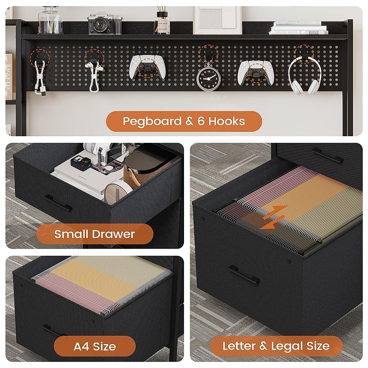 UPOSOJA Gaming Desk with Hutch, 65in Reversible Computer Desk with Power Outlets LED Light, Home Office Desk with Monitor Stand 2 Drawers 4 Storage Shelves Pegboard 8 Hooks Mouse Pad(Black)