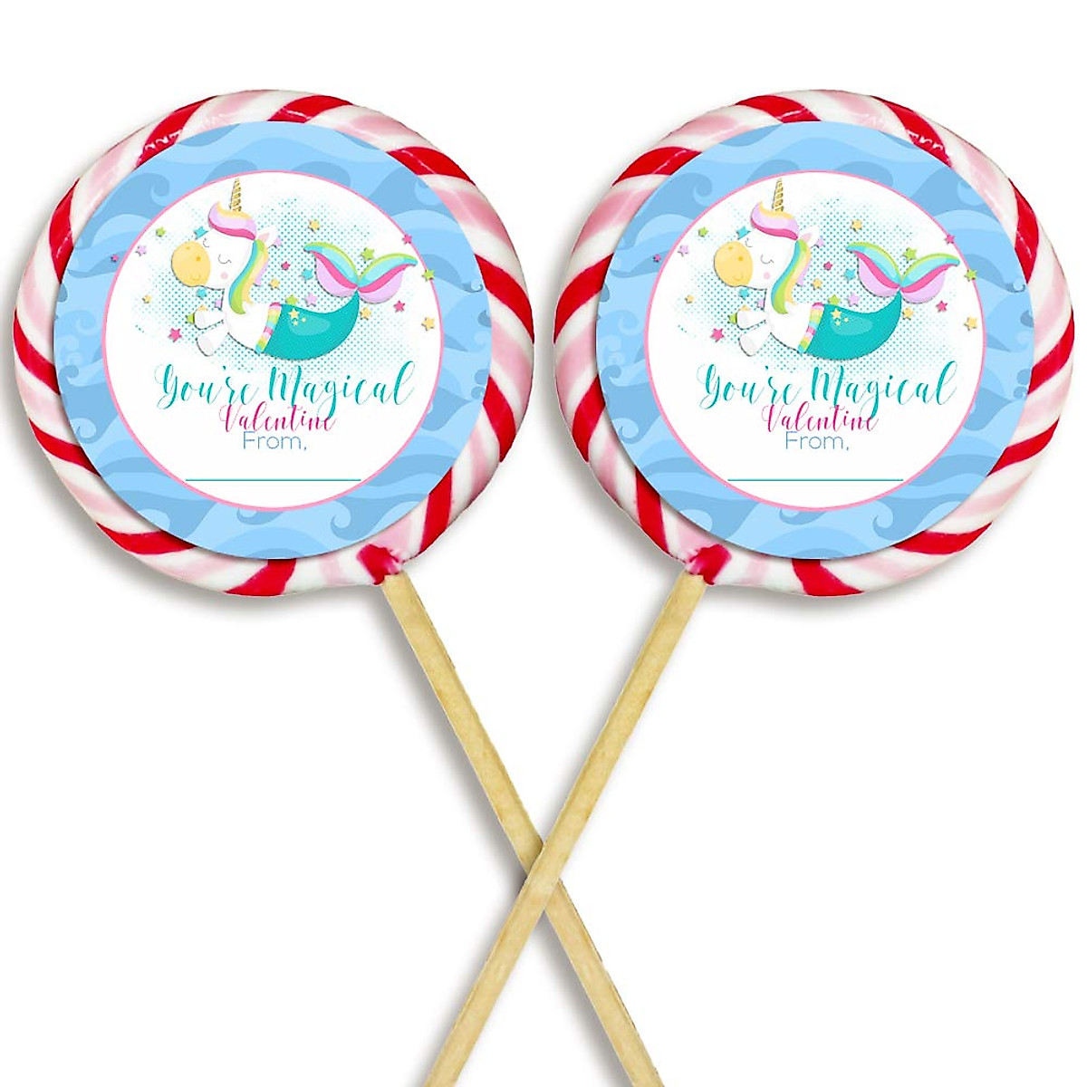Magical Mermaid Unicorn Valentine Party Favor Sticker Labels, 40 2" Party Circle Stickers by AmandaCreation, Great for Classroom Valentines, Envelope Seals, Gifts & Treats