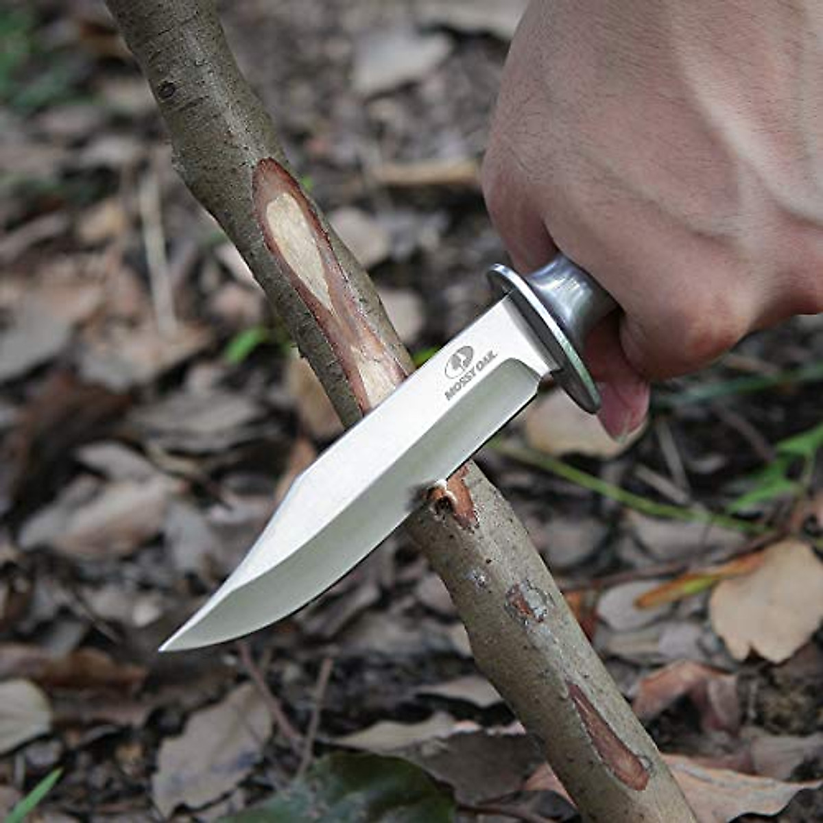 Mossy Oak Fixed Blade Bowie Knife, 2-piece Hunting Knife with Leather Handle Featuring Laser Pattern, Sheath Included