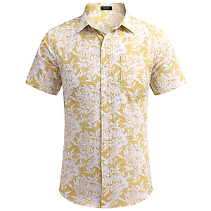COOFANDY Mens Short Sleeve Button Up Shirt Summer Beach Linen Shirts Floral Palm