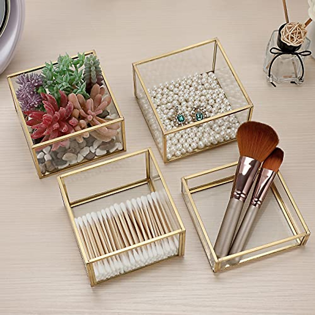 Hipiwe 4-Tiered Gold Glass Jewelry Box Stackable Trinket Organizer Decorative Glass Box Q-tip Holder Cotton Ball and Swab Storage Holder for Bathroom Dresser Office Countertop