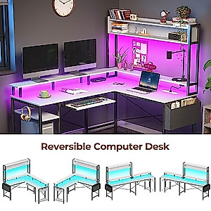 Rolanstar L Shaped Gaming Desk with Power Outlets & LED Lights, Reversible Computer Desk with Keyboard Tray, Storage Shelves, Monitor Stand & Hutch for Home Office, White