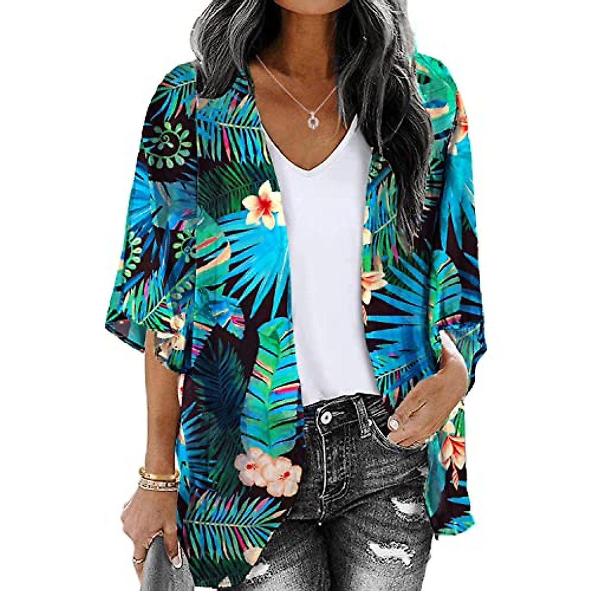 Women Chiffon Kimono Cardigans Tropical Tops Hawaiian Shirts Summer Beach Sheer 3/4 Sleeve Leaf Print (Black, M)
