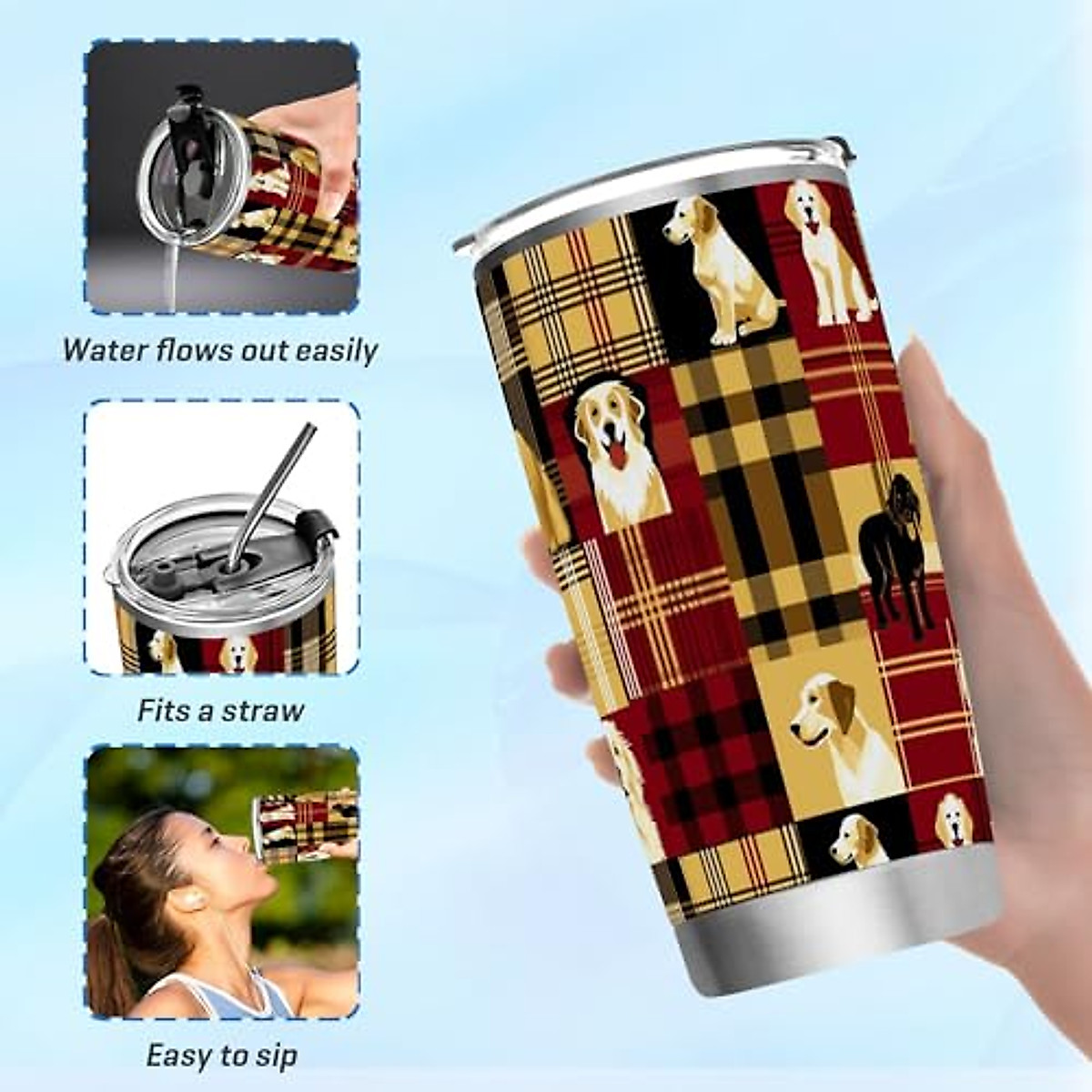 Golden Red Cute Dogs Stainless Steel insulated water bottle Leak-proof Lid and Straw mug spill proof leak proof for café leakproof tumbler with straw 20 OZ