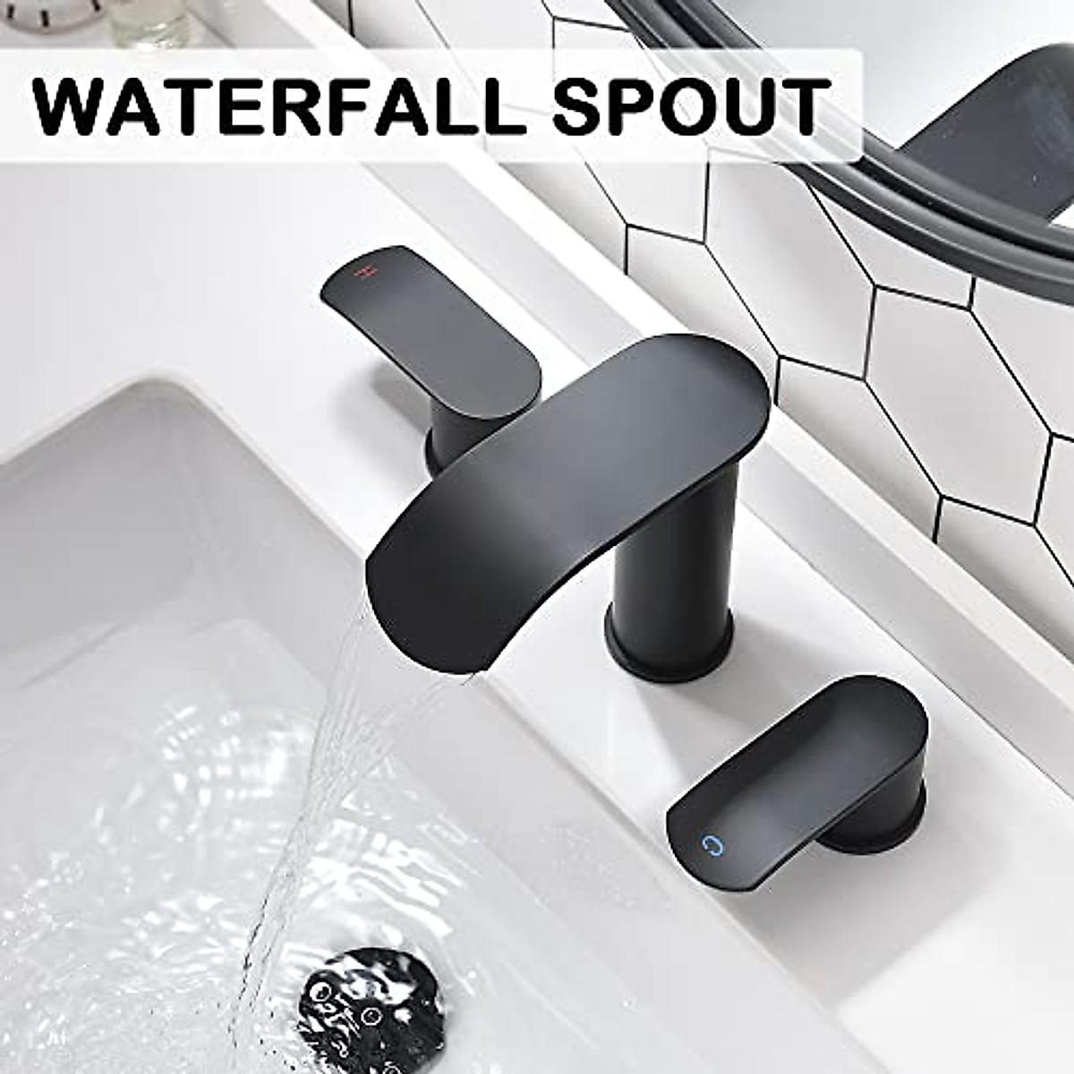 Bathroom Sink Faucet Matte Black - Bathroom Faucets for Sink 3 Hole 2-Handle 8 inch Widespread Bathroom Sink Faucet with Pop Up Drain and Faucet Supply Hoses