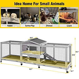 Aivituvin Rabbit Hutch 93.7" Large Rabbit Cage Indoor Outdoor Guinea Pig Cage Chicken Coop on Wheels Bunny Cage with 4 Deep No Leakage Pull Out Tray,Waterproof Roof