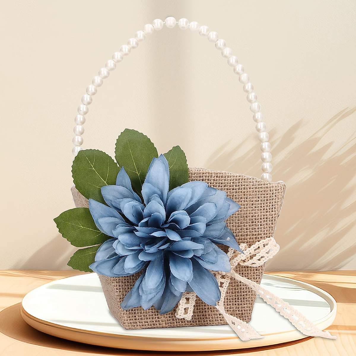 Rustic Flower Girl Basket, Vintage Burlap Flower Basket with Pearl Handle Jute Wedding Flower Girl Basket for Wedding Ceremony Bride Flower Girl Basket