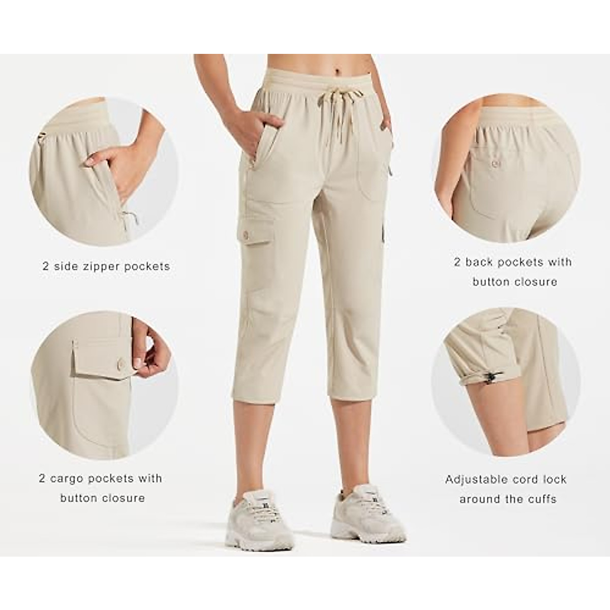 Libin Women's Cargo Capri Hiking Pants Lightweight Quick Dry Cropped Pants Summer Casual Outdoor with Zipper Pockets, Khaki, Medium